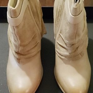 Enzy | Shoes | Cream Leather And Suede Heeled Ankle Boots | Poshmark